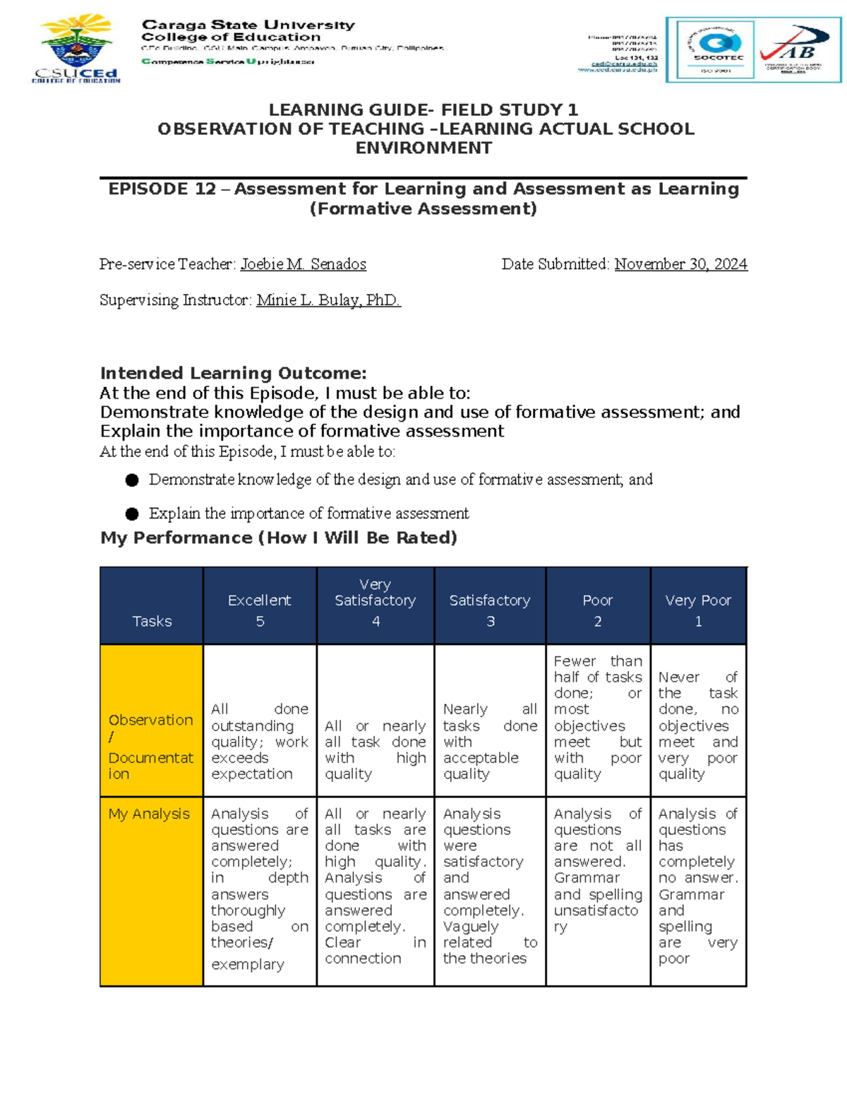 FS 1 Learning Episode 12 - LEARNING GUIDE- FIELD STUDY 1 OBSERVATION OF ...