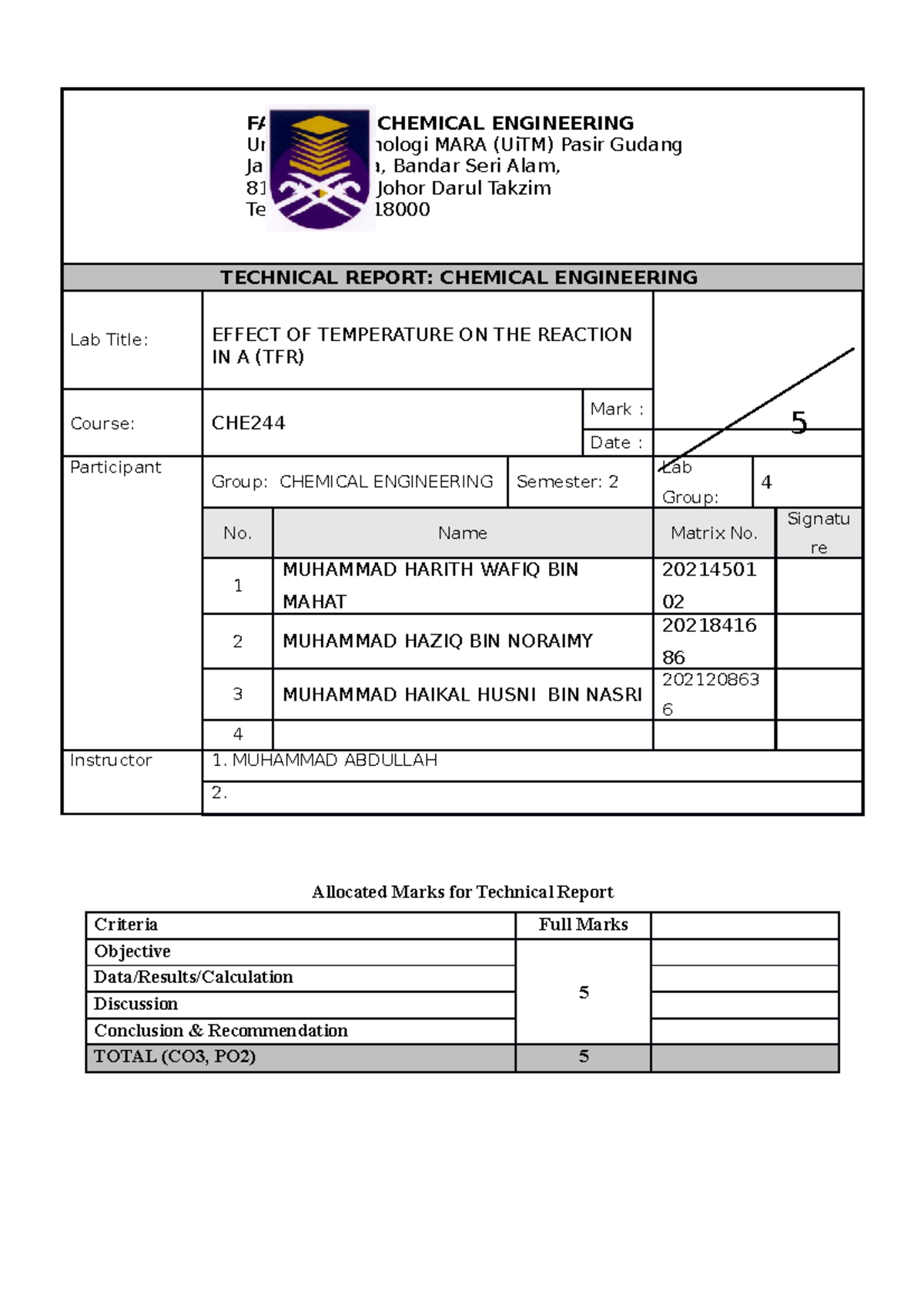 Lab report TFR effect of temperature - FACULTY OF CHEMICAL ENGINEERING ...