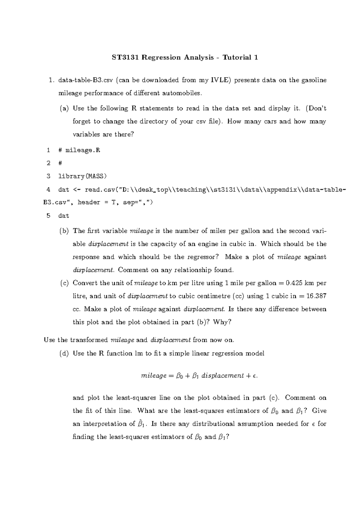 ST3131 Tutorial 1 - ST3131 Regression Analysis - Tutorial 1 data-table-B3 (can be downloaded ...