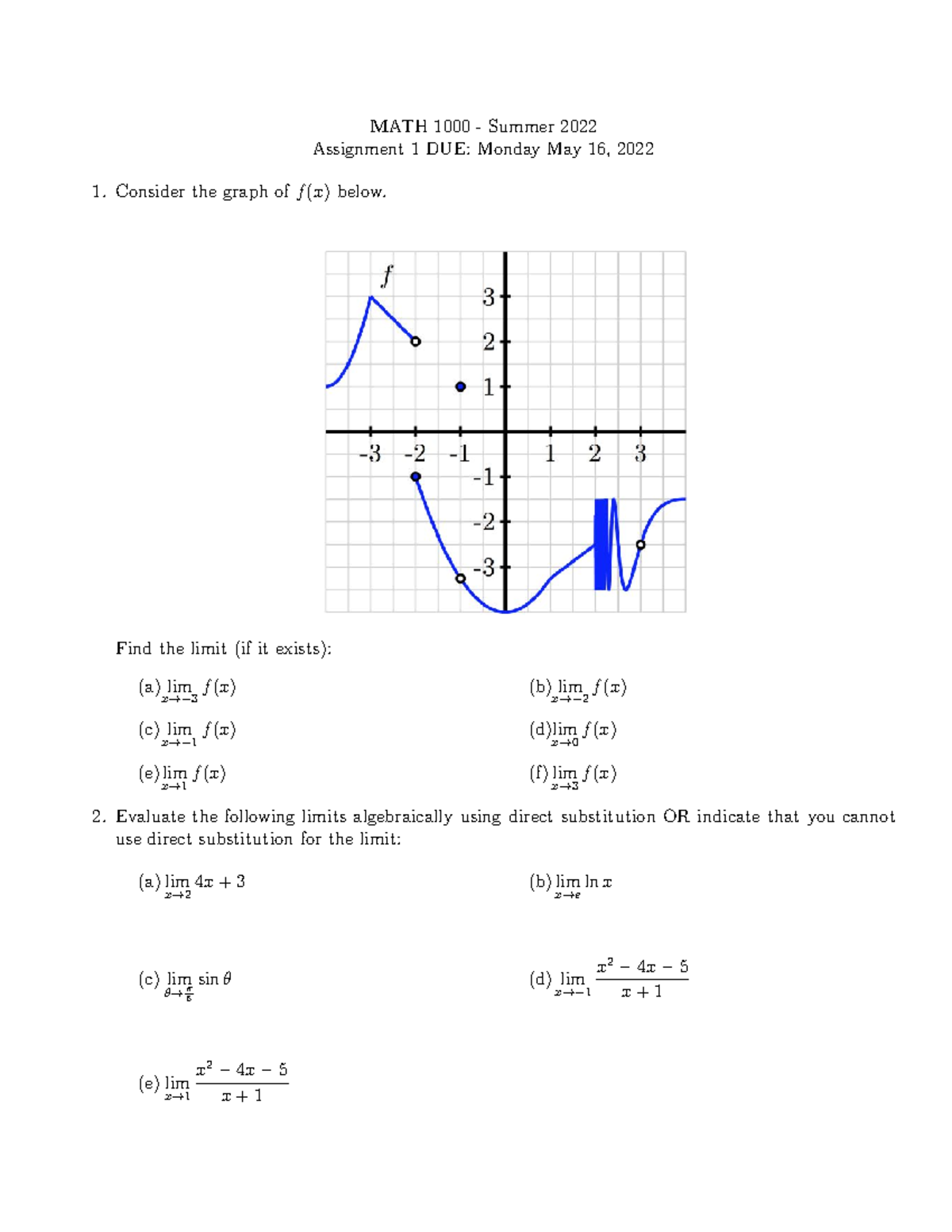 1000assn1 - calc assignment - MATH 1000 - Summer 2022 Assignment 1 DUE ...