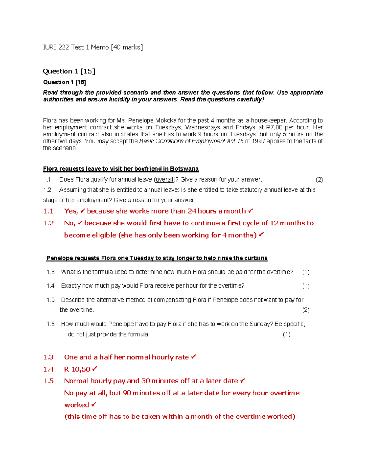 Memo - BCEA - Practices - IURI 222 Test 1 Memo [40 marks] Question 1 ...