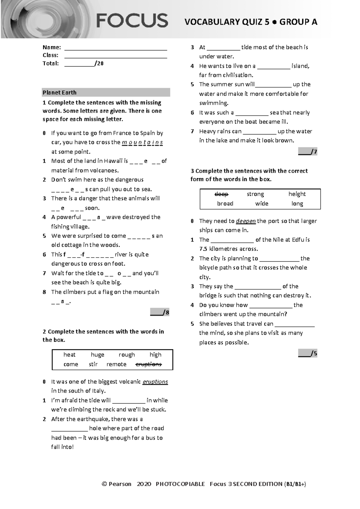 622634719 Focus 3 2E Vocabulary Quiz Unit5 Group A - © Pearson 2020 ...