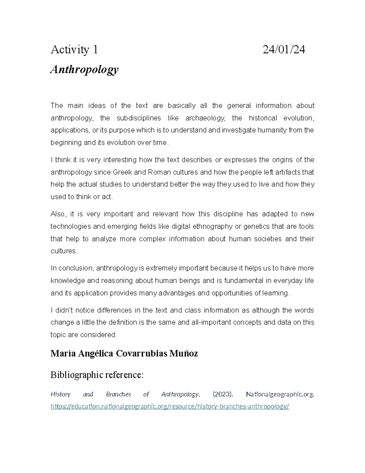 Activity 1 anthropology - Activity 1 24/01/ Anthropology The main ideas ...