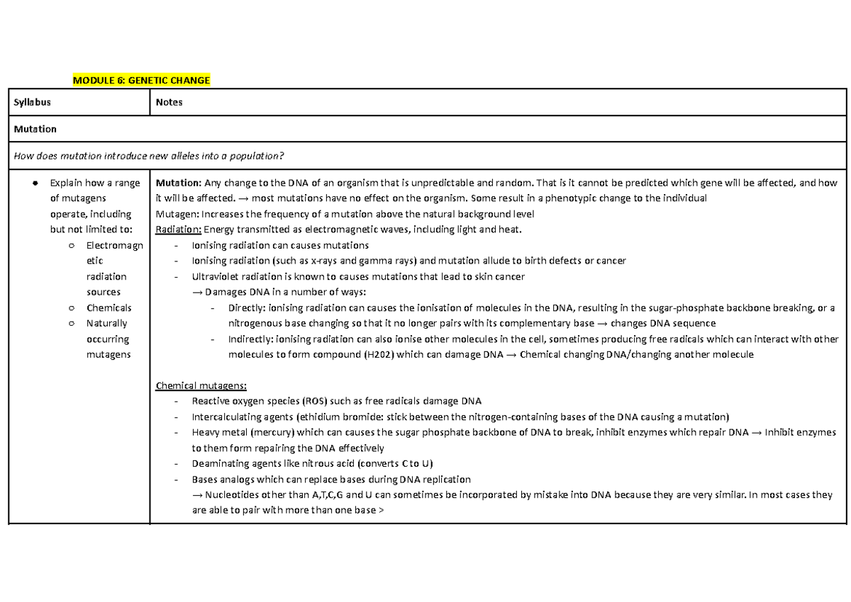 Module 6 Genetic Change - MODULE 6: GENETIC CHANGE Syllabus Notes ...