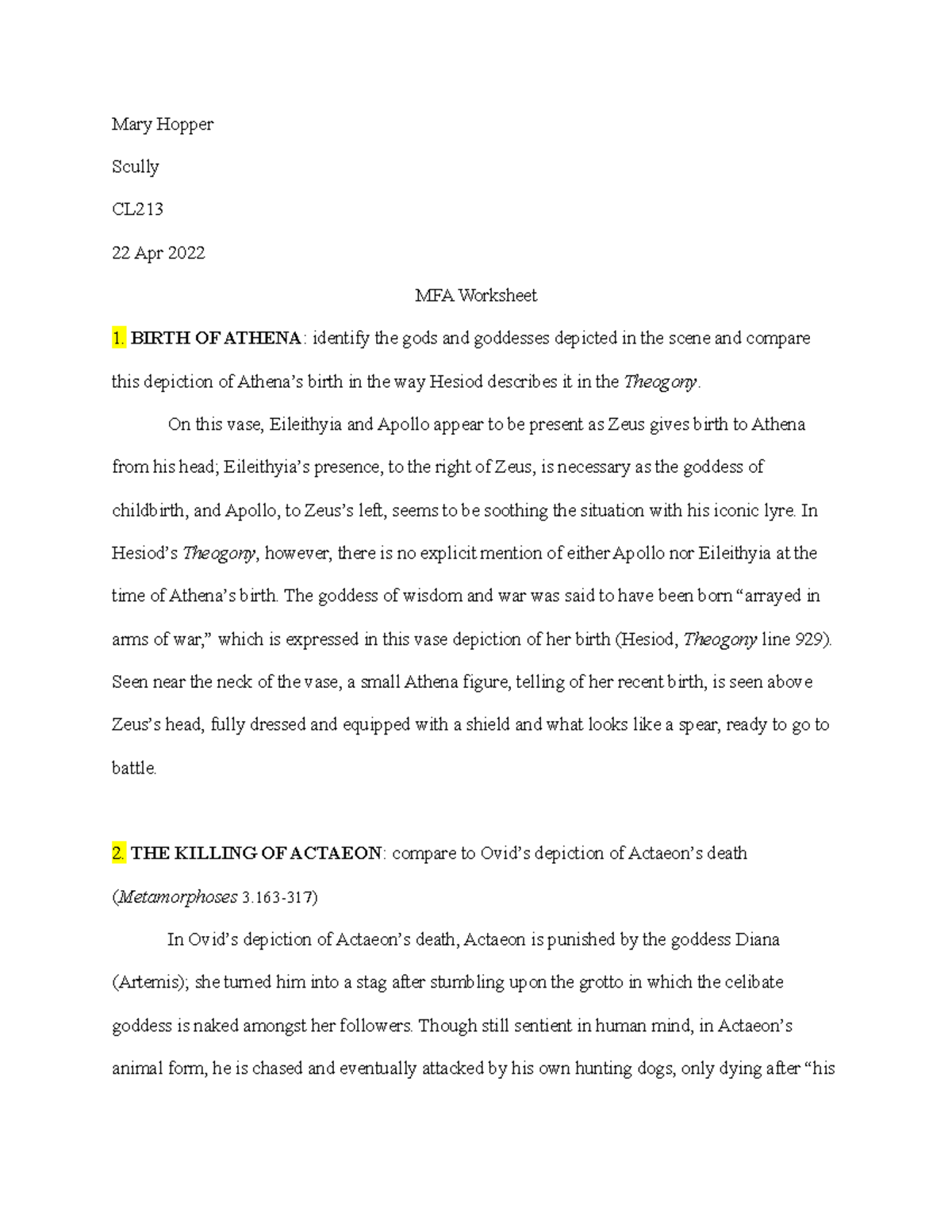 CL213 MFA Work Sheet - With professor Scully - Mary Hopper Scully CL 22 ...