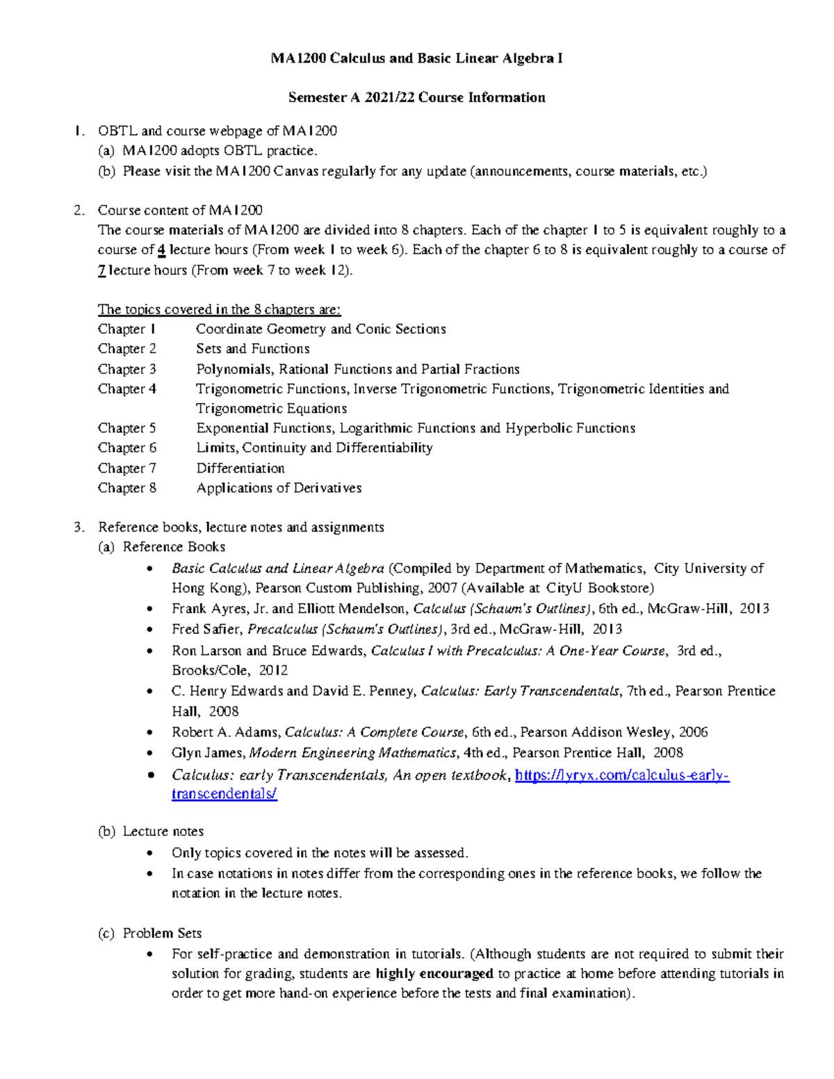 MA1200 Course Information 20-21 - MA1200 Calculus and Basic Linear Algebra I Semester A 202 1 /2 ...