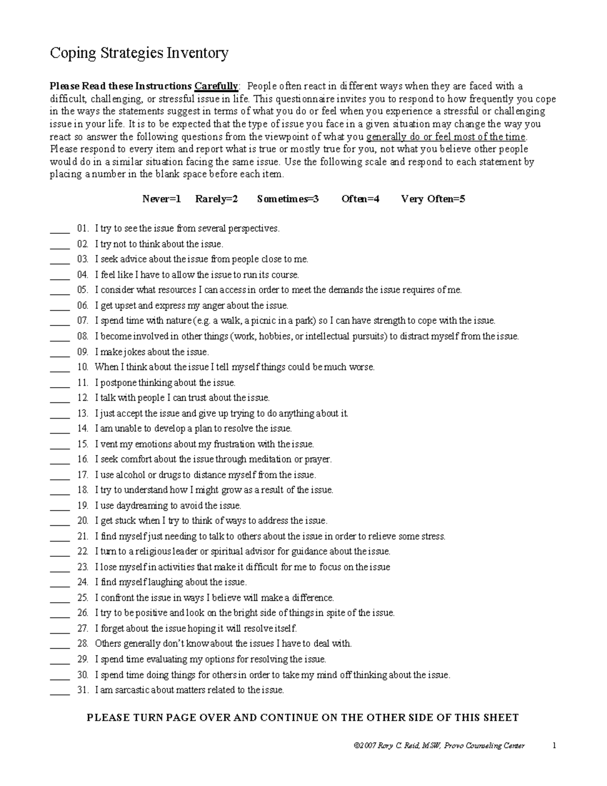 Coping skills inventory - ©2007 Rory C. Reid, MSW, Provo Counseling ...