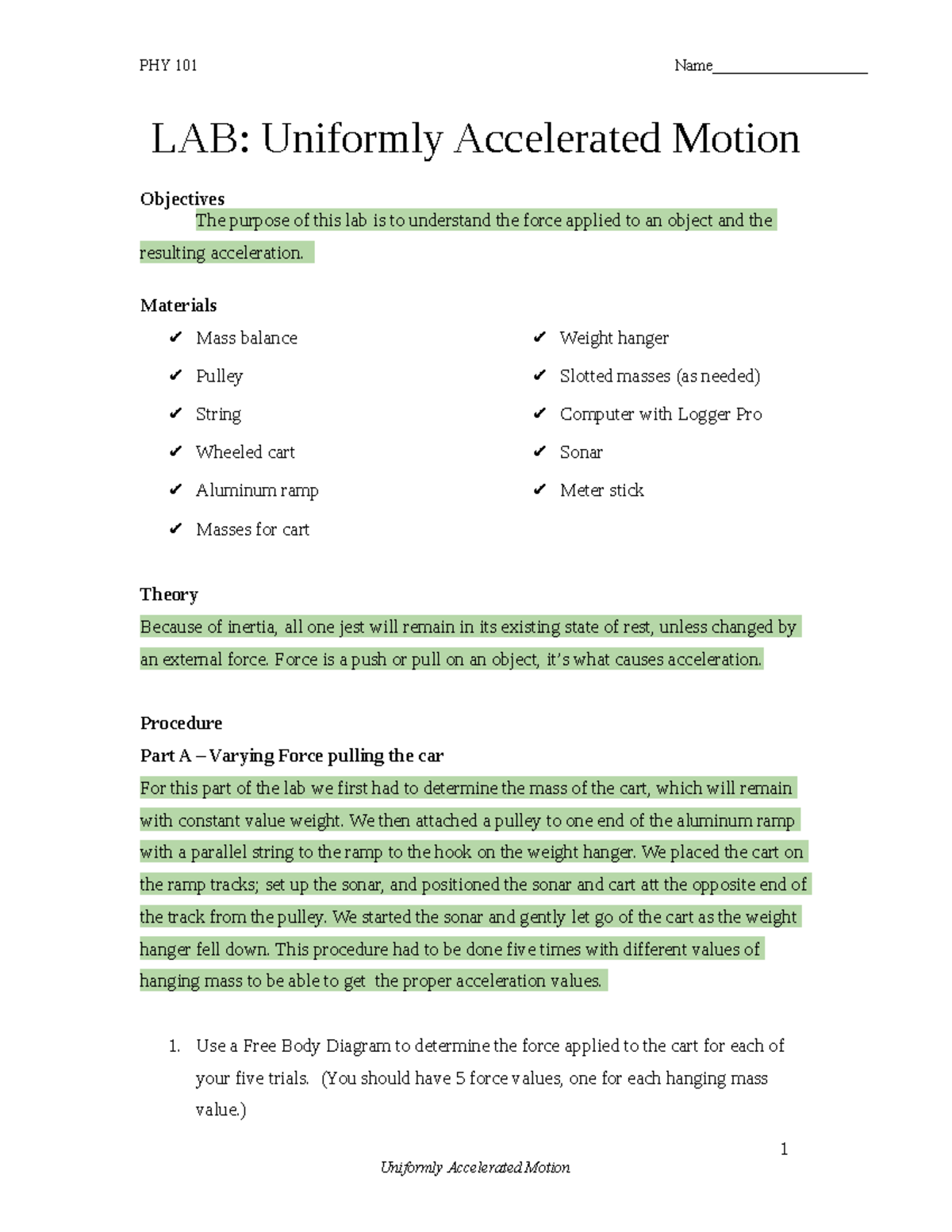 Lab 5 Uniformly Acclerated Motion - PHY 101 Name ...