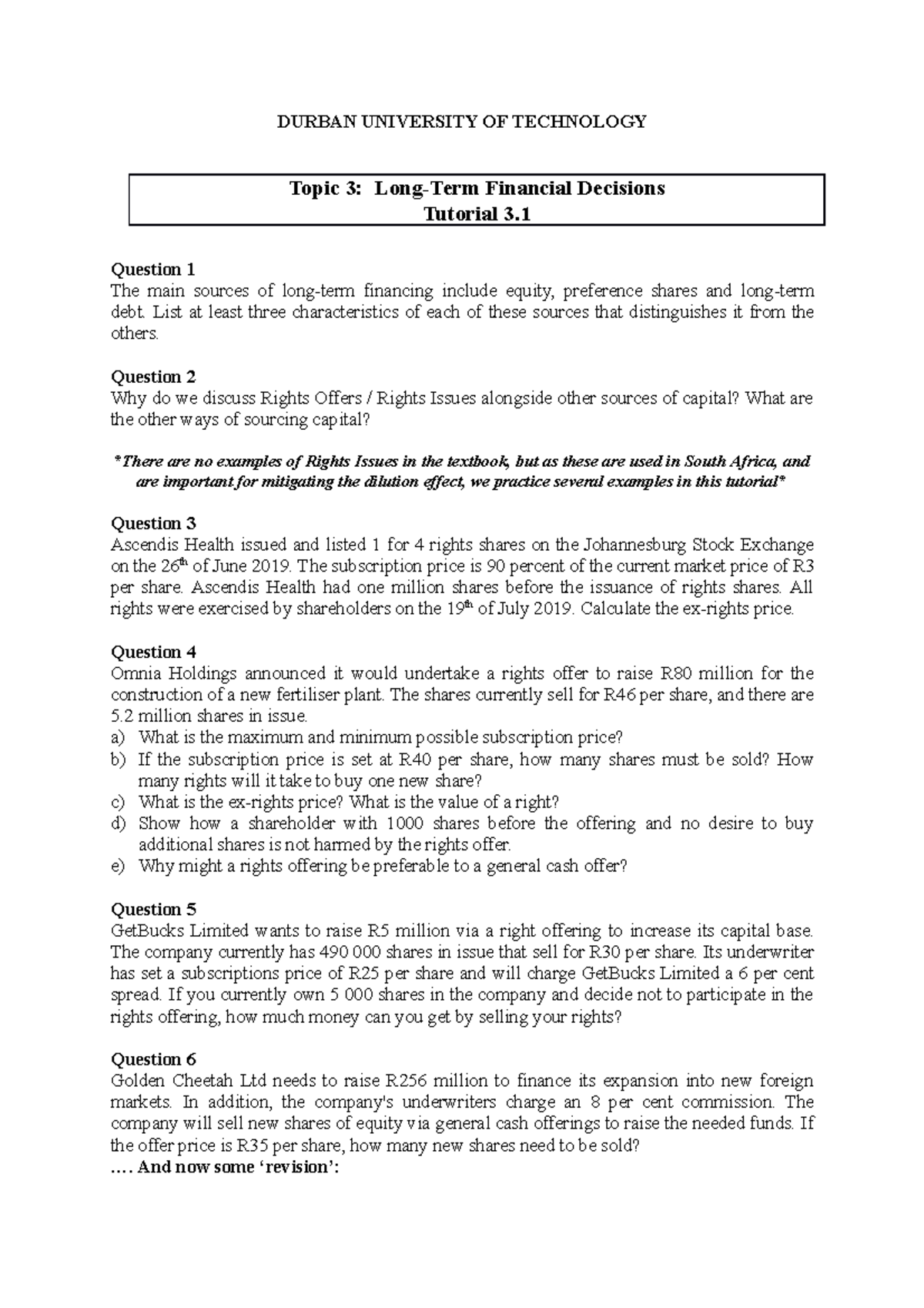 (2019 ) Tutorial 3.1 Questions Cost of capital and Rights issues ...