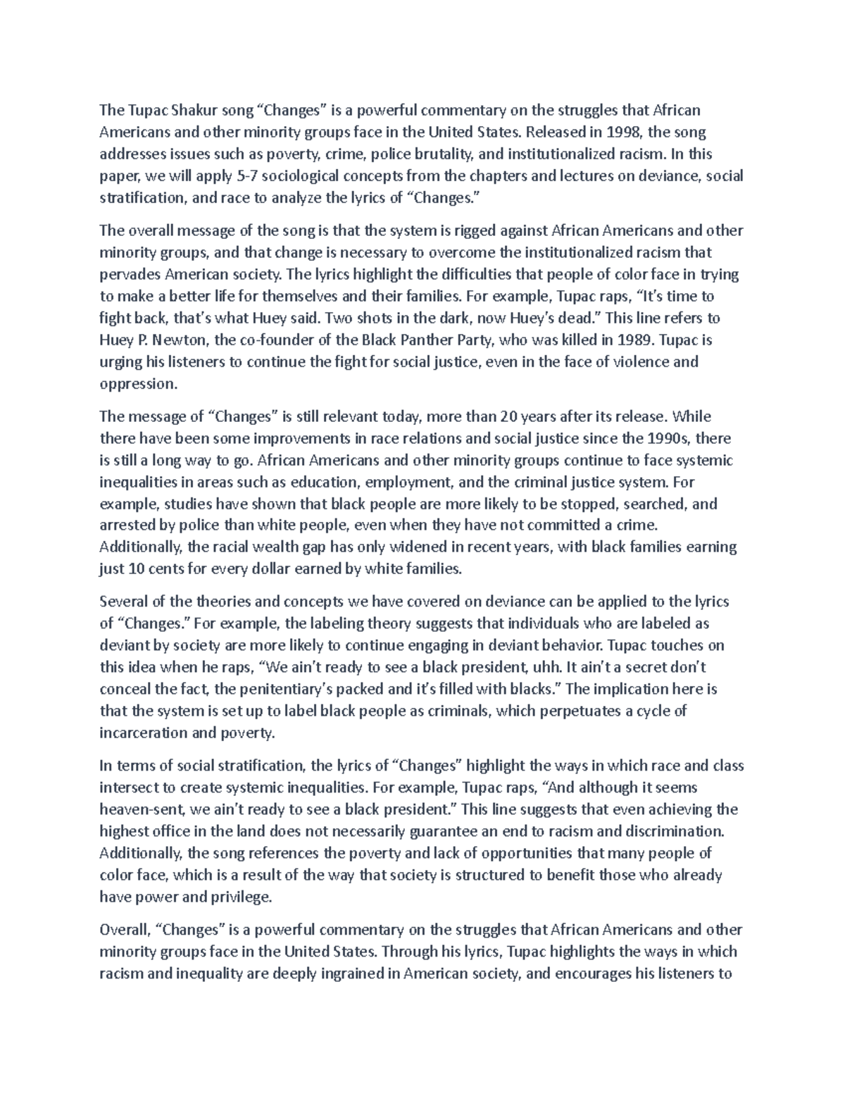 Answers to extracredit - The Tupac Shakur song “Changes” is a powerful ...