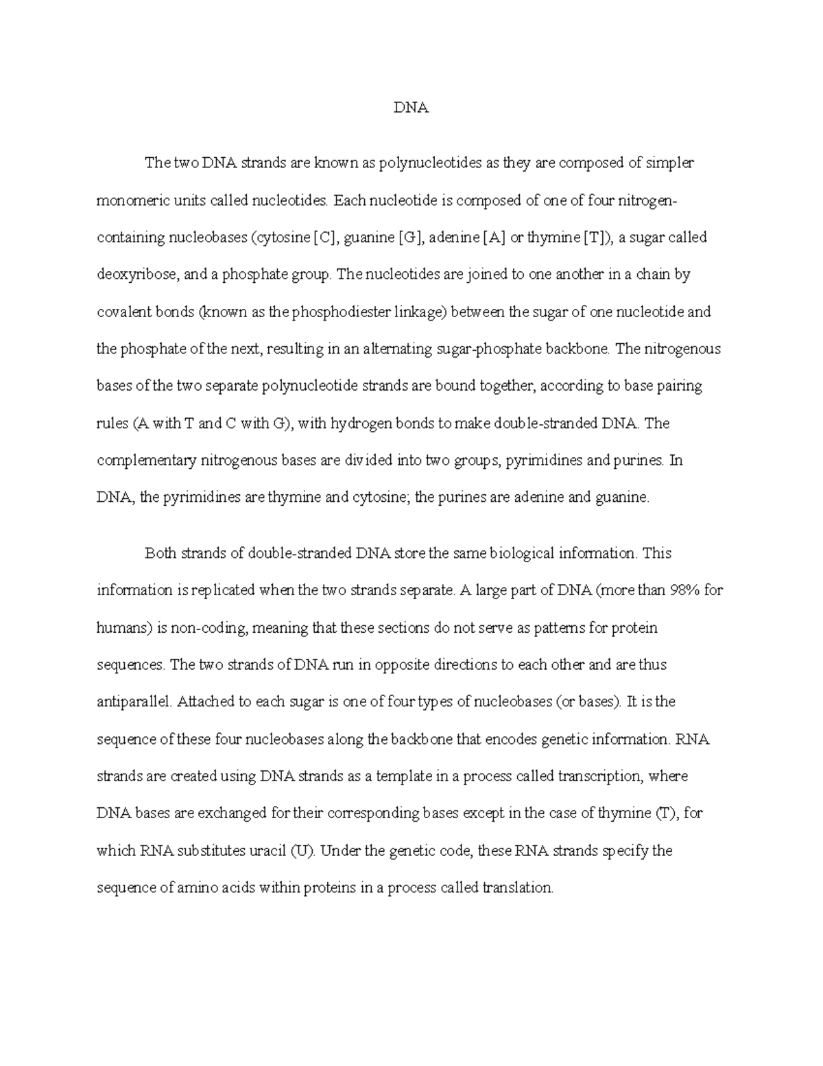 DNA - Summary on DNA - DNA The two DNA strands are known as ...
