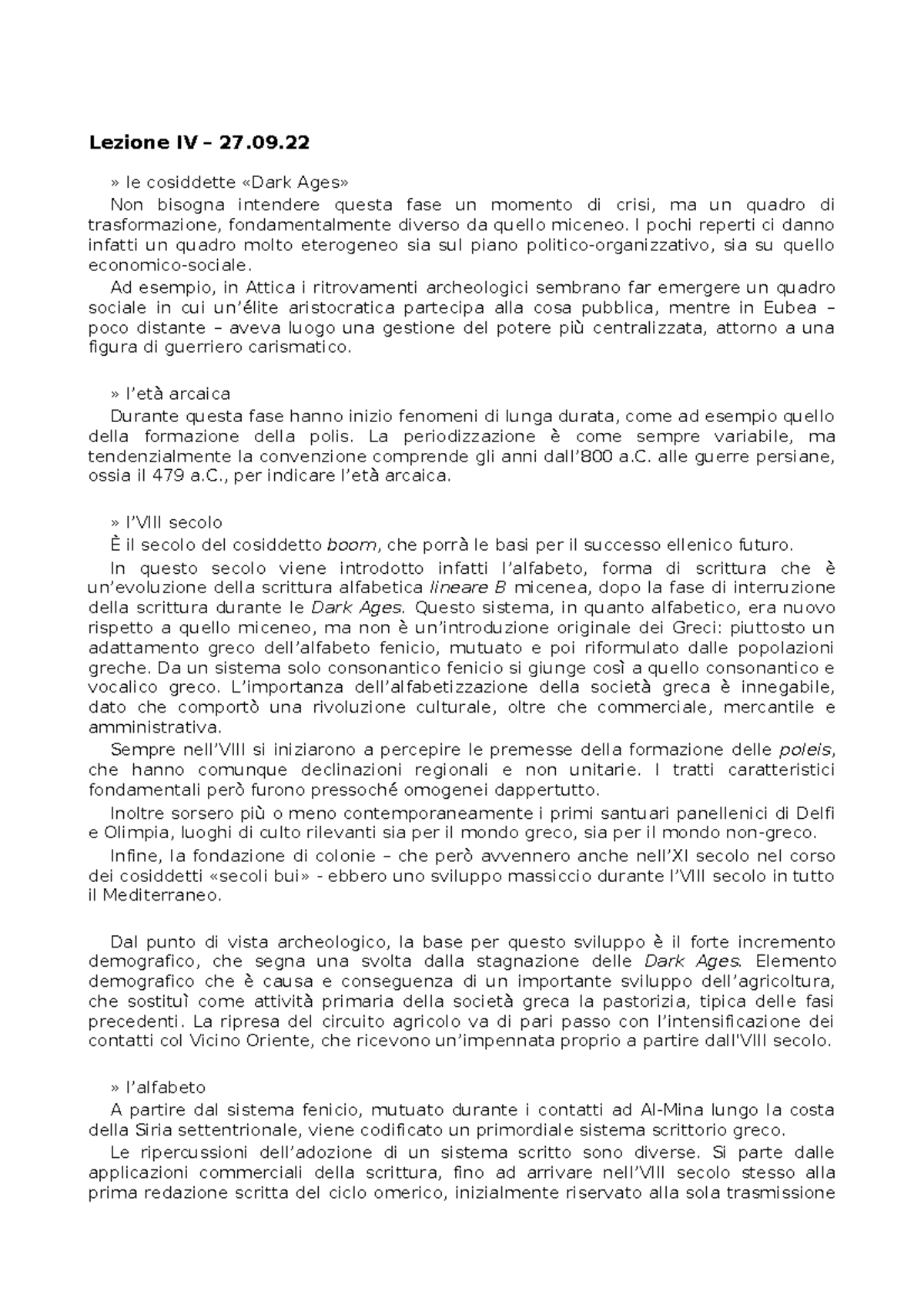 Lezione IV - Età arcaica e boom dell'VIII secolo: alfabeto, polis ...