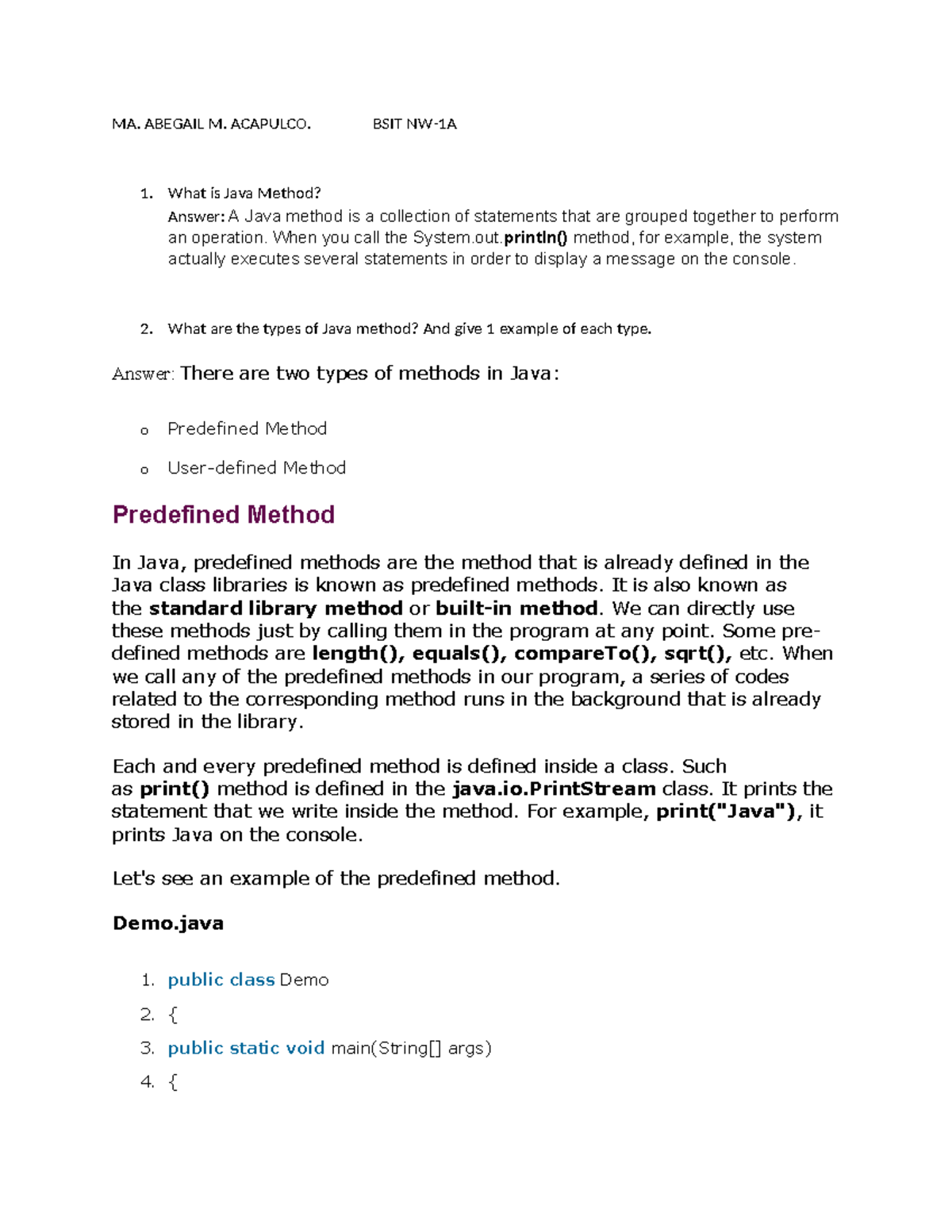 Document - MA. ABEGAIL M. ACAPULCO. BSIT NW-1A 1. What is Java Method ...
