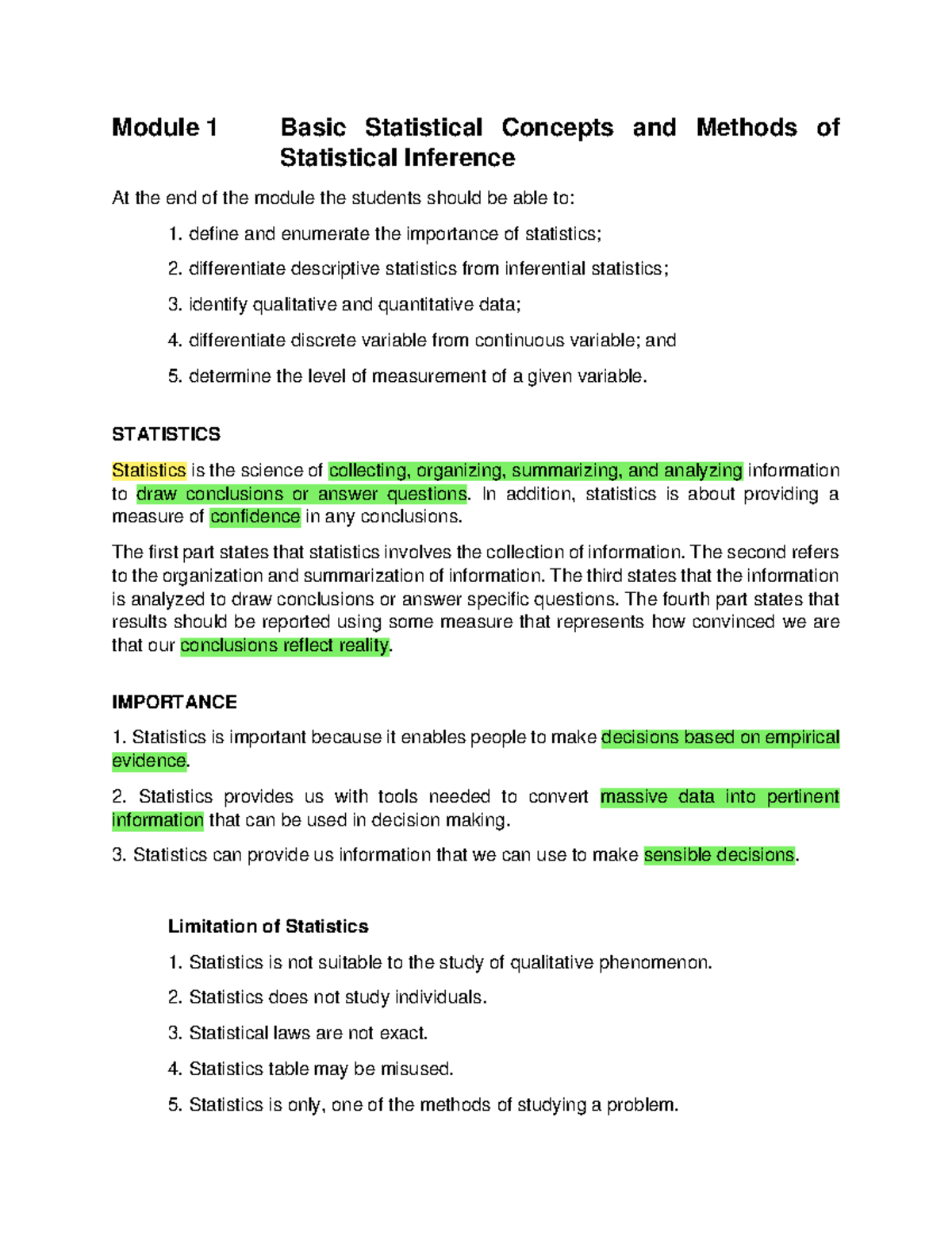 Module 1 Basic Statistical Concepts And Methods Of Statistical 2559