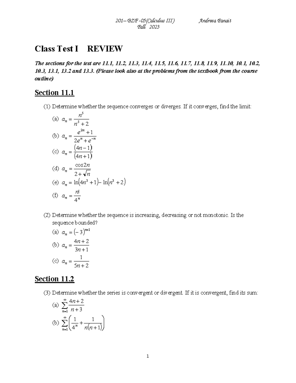 Test 1 Review - Summary Calculus III - Fall 2023 Class Test I REVIEW ...