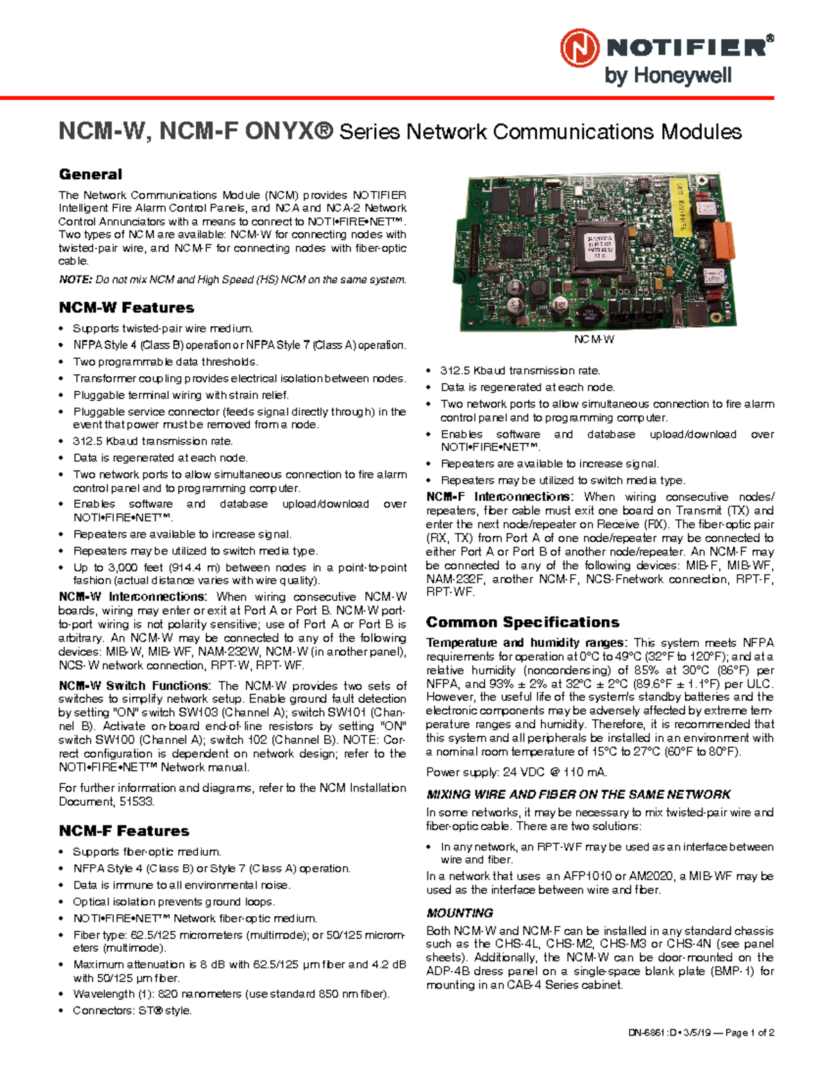 NCM-W Datasheet - fire alarm system - DN-6861:D 3/5/19 — Page 1 of 2 ...