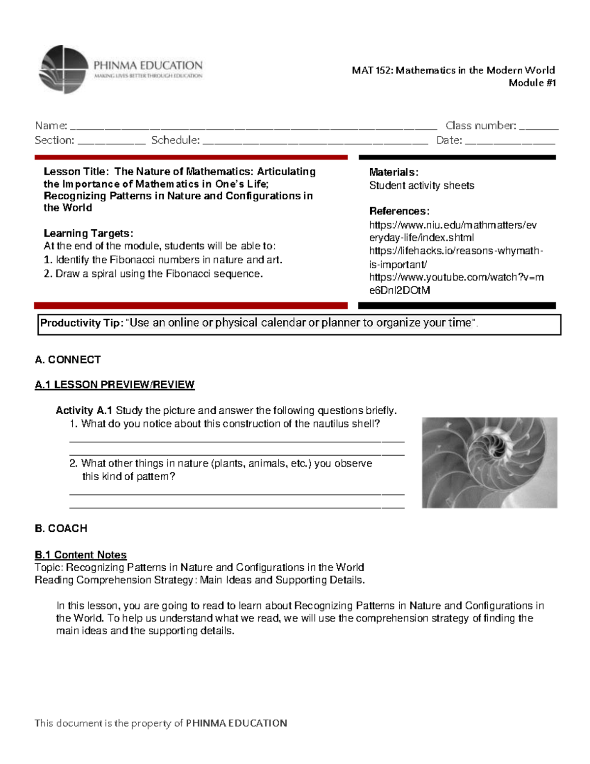 MAT 152 SAS#01 - Lecture notes in MAth 152 - Module # Name: - Studocu