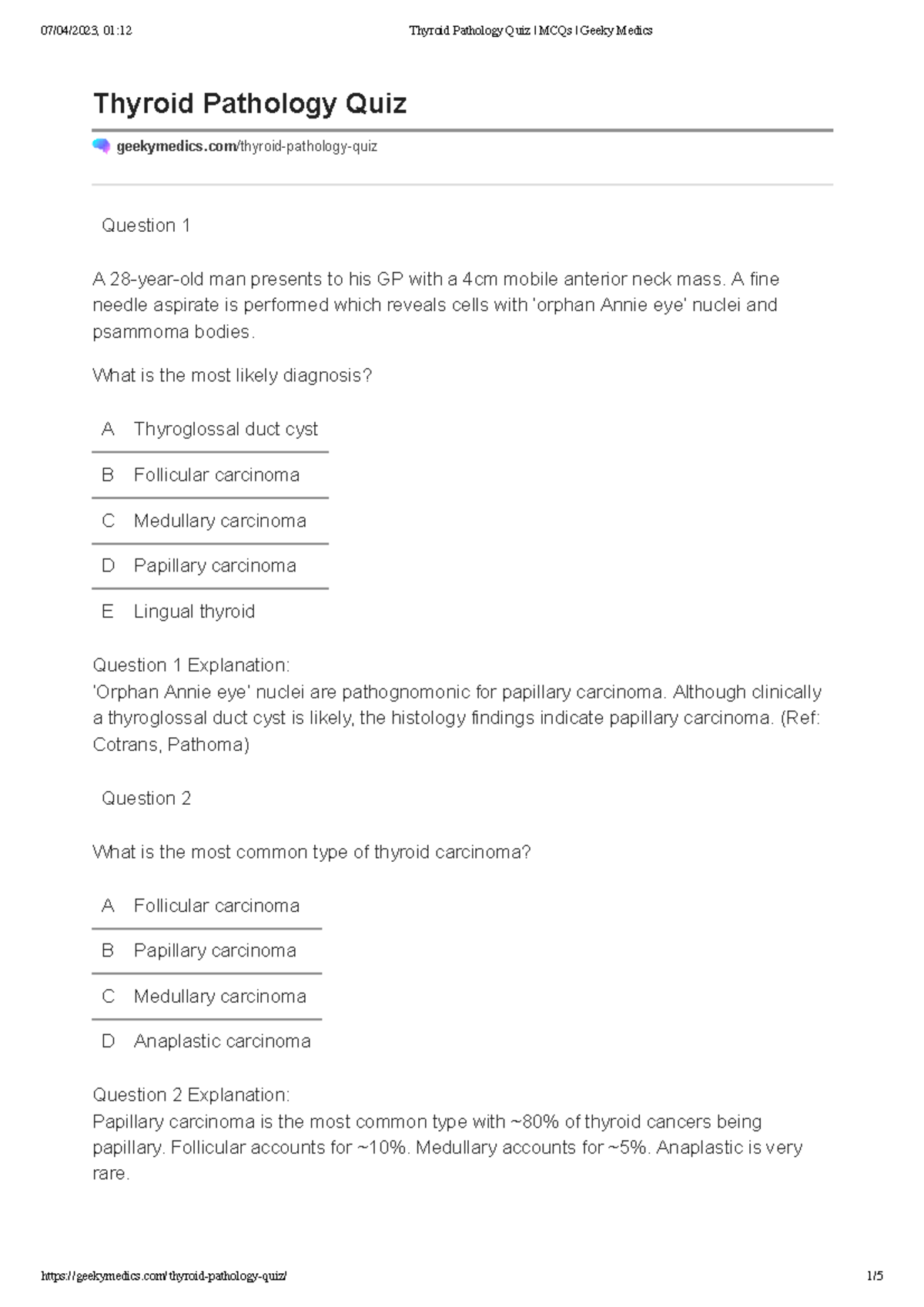 Thyroid Pathology Quiz MCQs Geeky Medics - Thyroid Pathology Quiz ...