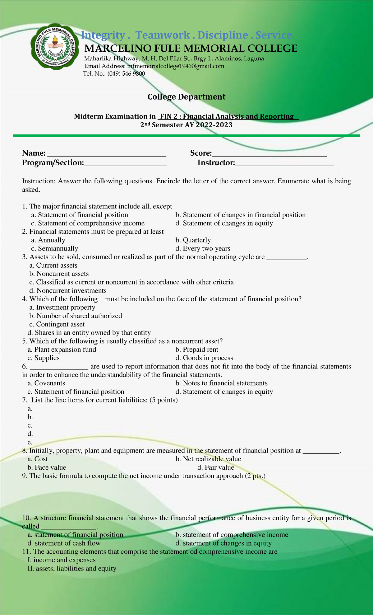 TEST- Paper-FIN 2 Midterm - 1 | P a g e Integrity. Teamwork. Discipline ...