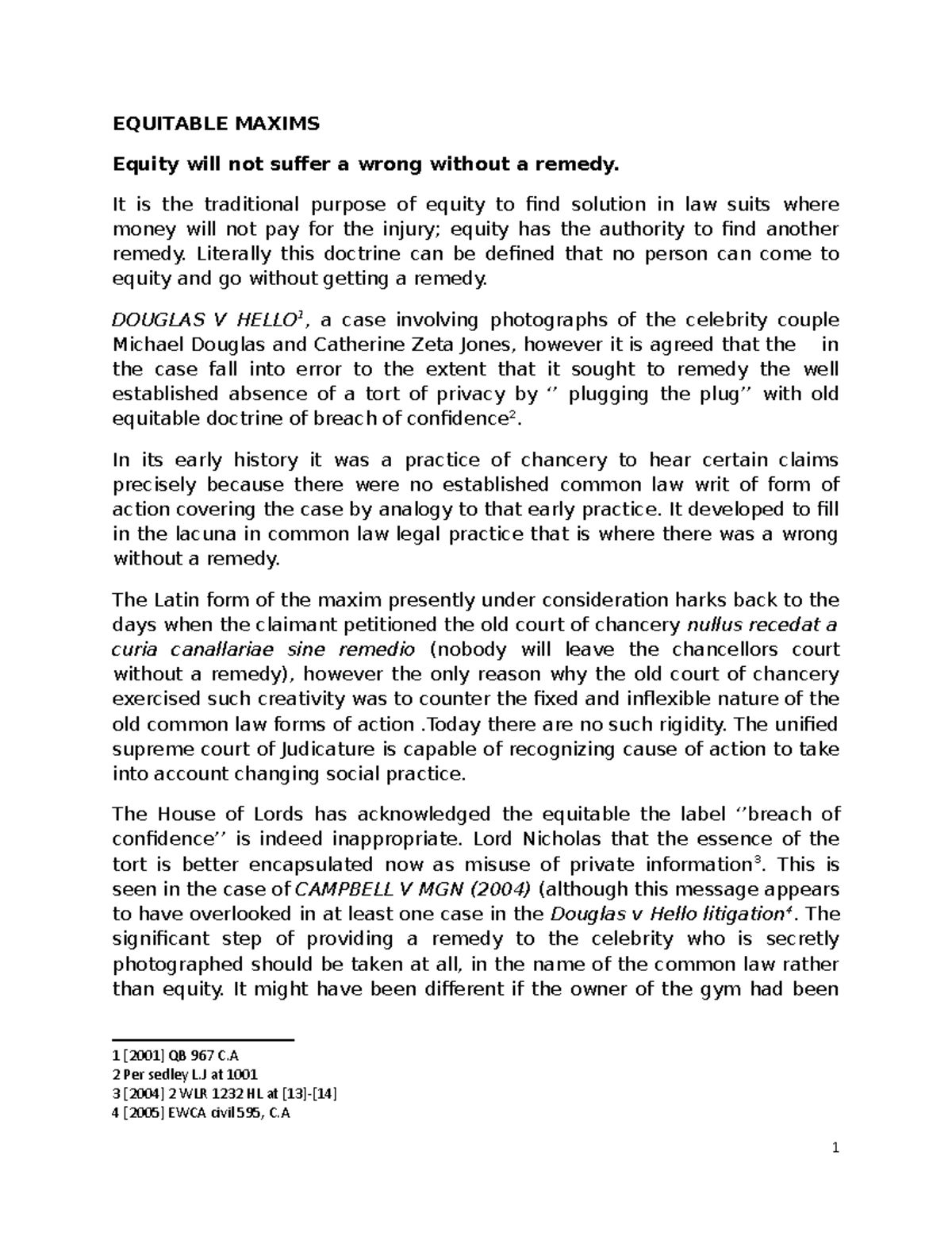 Equitable Maxims- Notes - EQUITABLE MAXIMS Equity will not suffer a ...