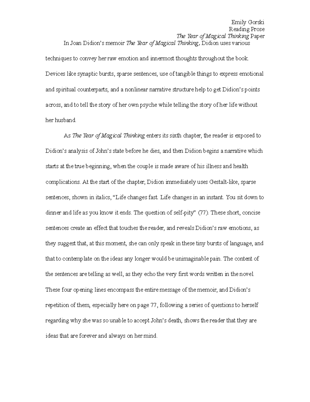 The Year of Magical Thinking Paper - Emily Gorski Reading Prose The ...