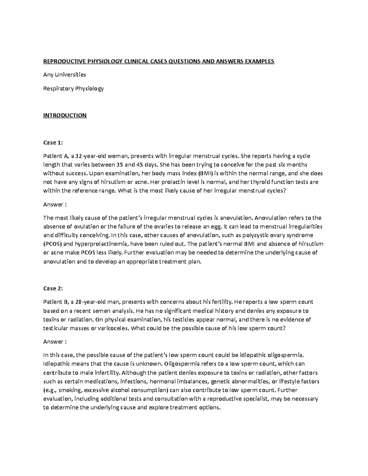 Clinical Case questions and Answers examples for reproductive ...