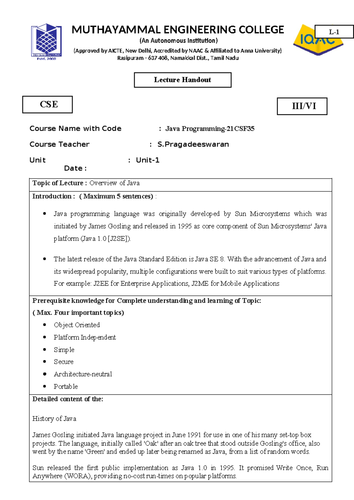Hand out unit 1 - CSE - MUTHAYAMMAL ENGINEERING COLLEGE (An Autonomous ...