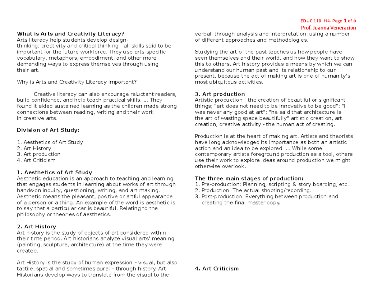 Hand Outs 4 Arts Creativity - Prof. Joanna Veneracion What is Arts and ...