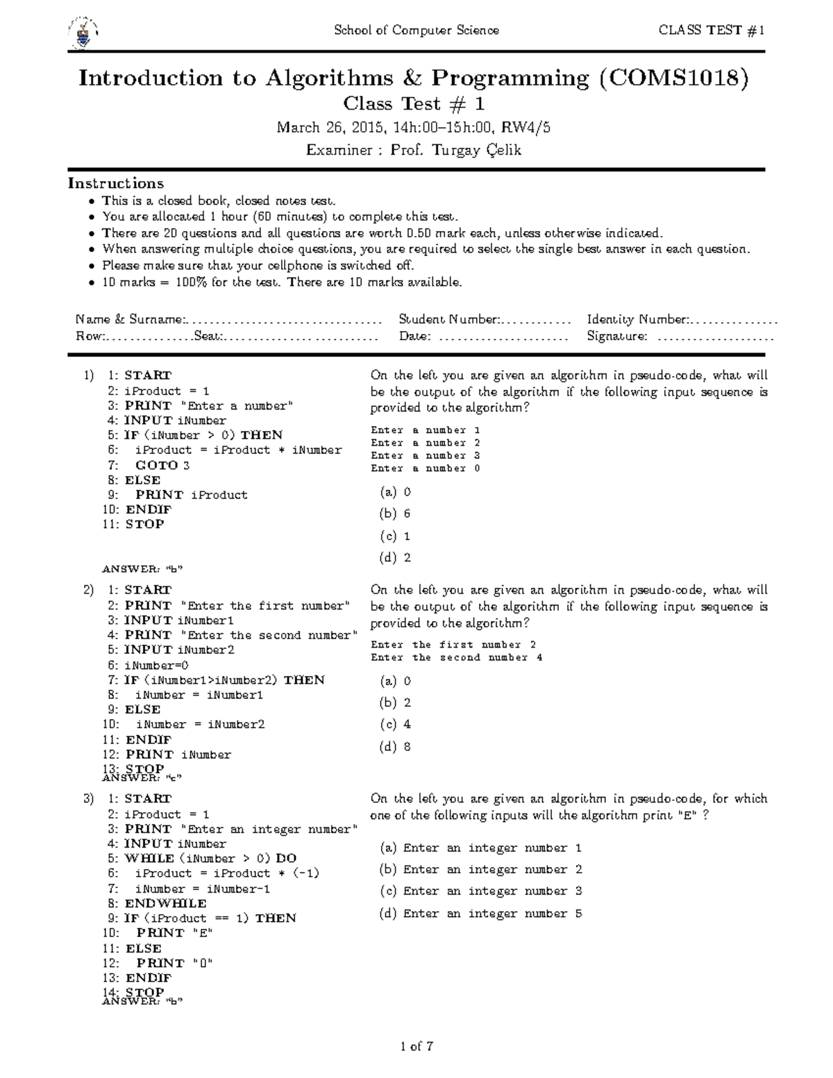 Test 1 March 2017, questions - School of Computer Science CLASS TEST #1 ...
