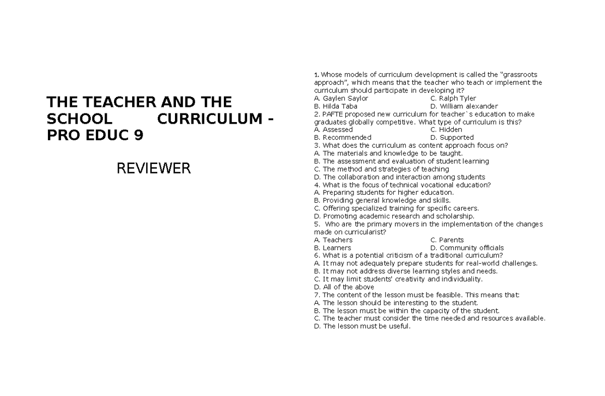 EDUC-8- Reviewer - this is some of the notes - THE TEACHER AND THE ...