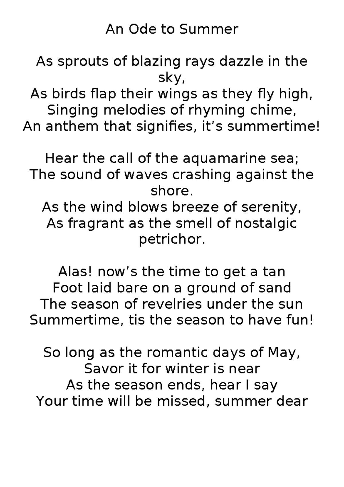 Ode-to-summer - poem - An Ode to Summer As sprouts of blazing rays ...