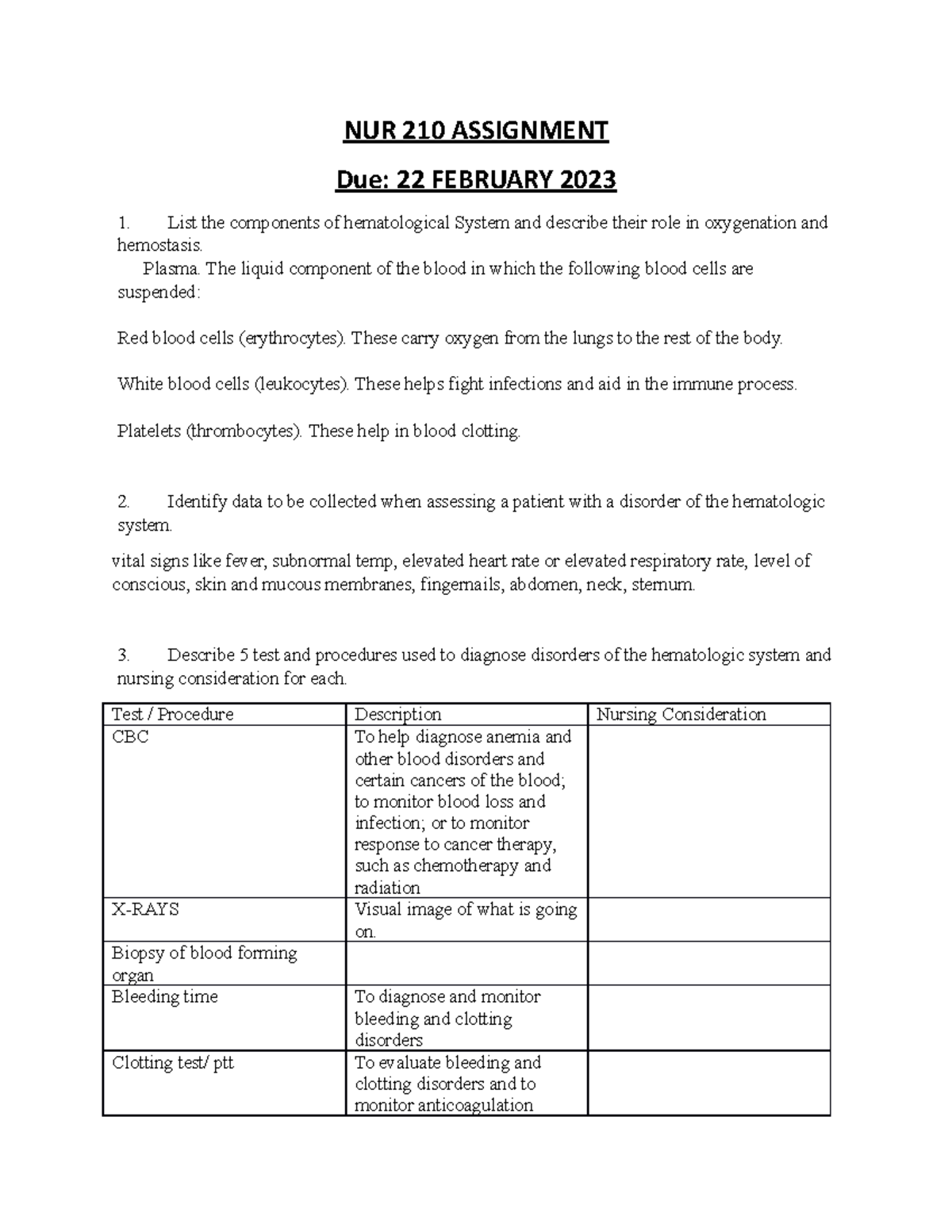 NUR 210 Assigment - Assignment - NUR 210 ASSIGNMENT Due: 22 FEBRUARY ...