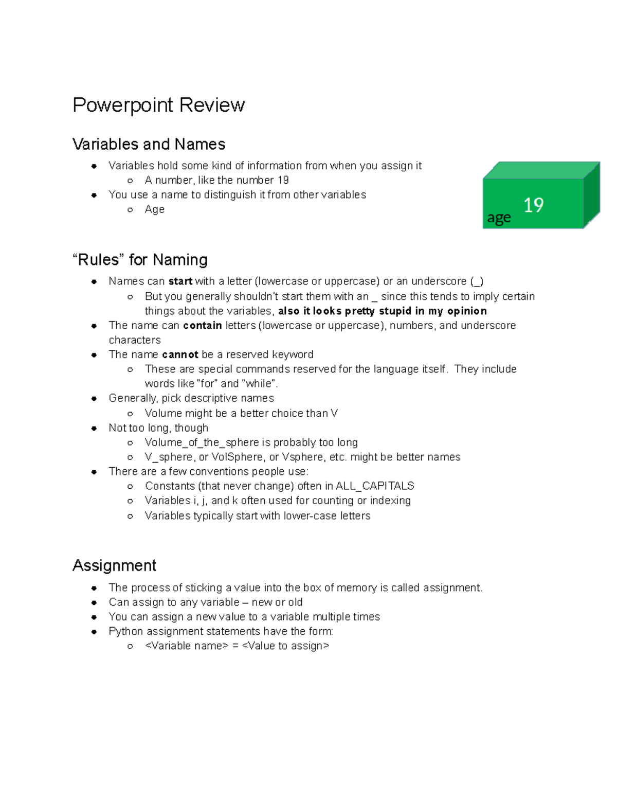 The Ultimate Exam 1 Study Guide - Powerpoint Review Variables and Names ...