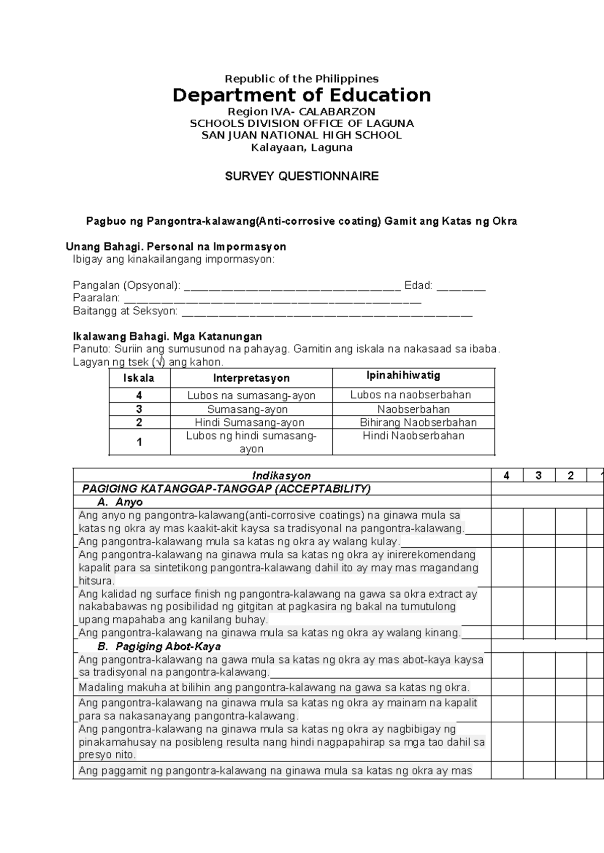Survey Questionairre Tagalog - Republic of the Philippines Department ...