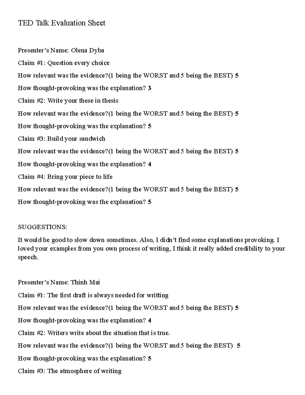 TED Talk Evaluation Sheet 1 - TED Talk Evaluation Sheet Presenter’s Name: Olena Dyba Claim #1 ...