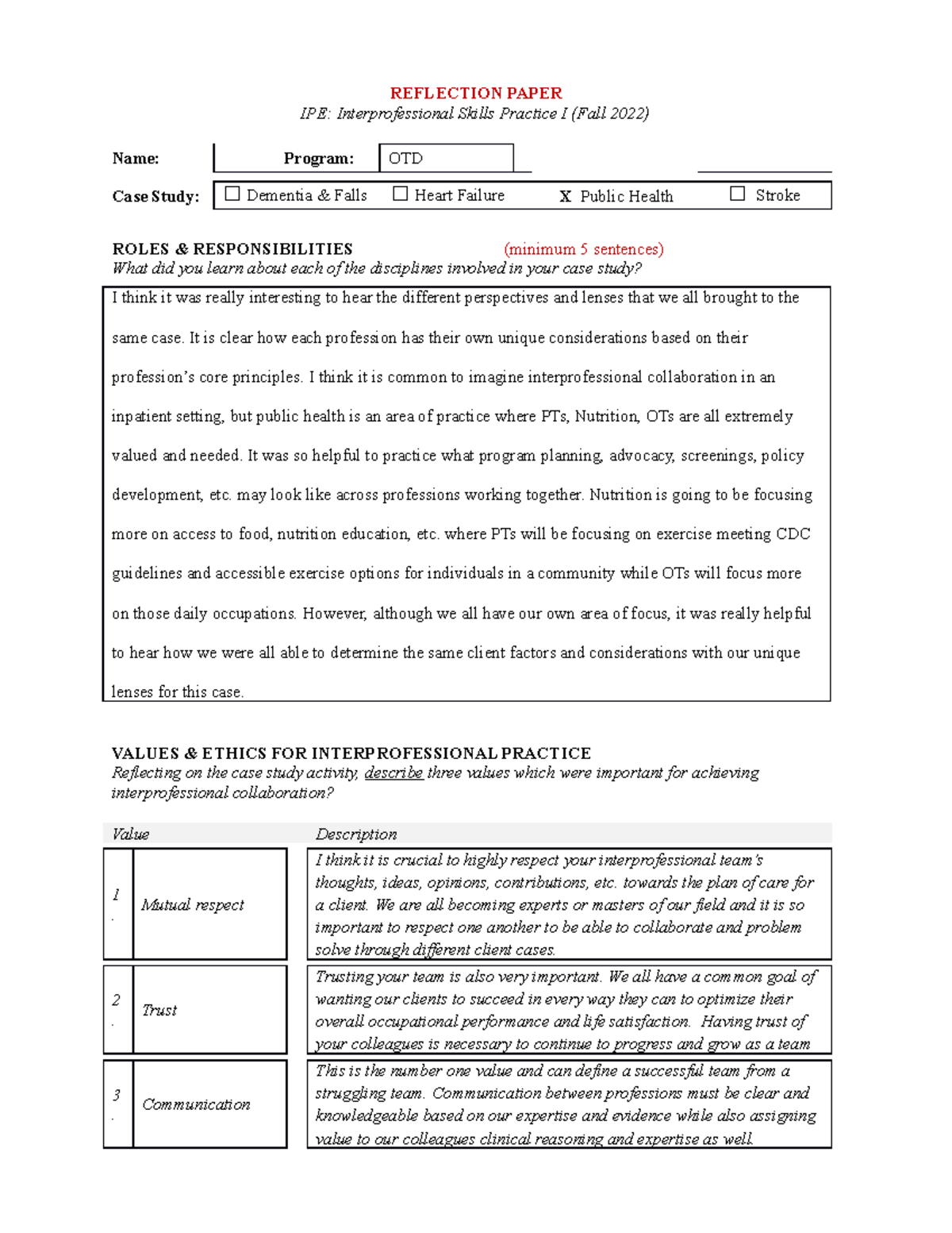 Reflection Paper (Module 3) - Fall 2022 - REFLECTION PAPER IPE: Interprofessional Skills ...