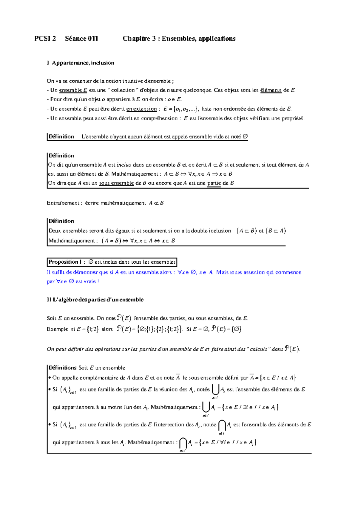 Ensembles et application/Ensembles + exercices - On va se contenter de la notion intuitive - Studocu
