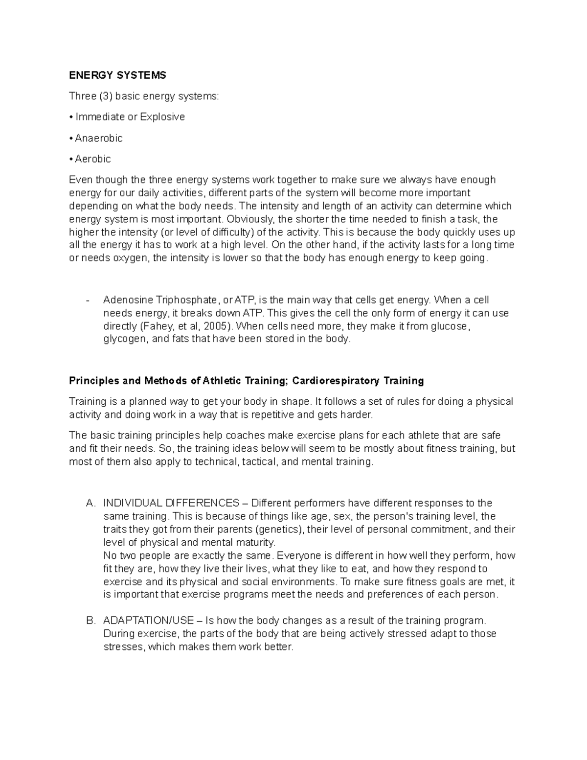 Energy Systems & Principles AND Methods OF Athletic Training - ENERGY ...