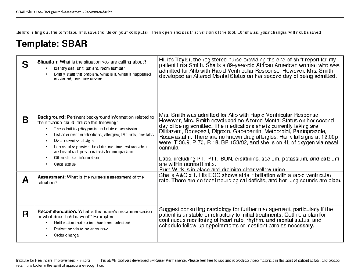 Sbartechniquefor Communication-2 - SBAR: Situation-Background ...