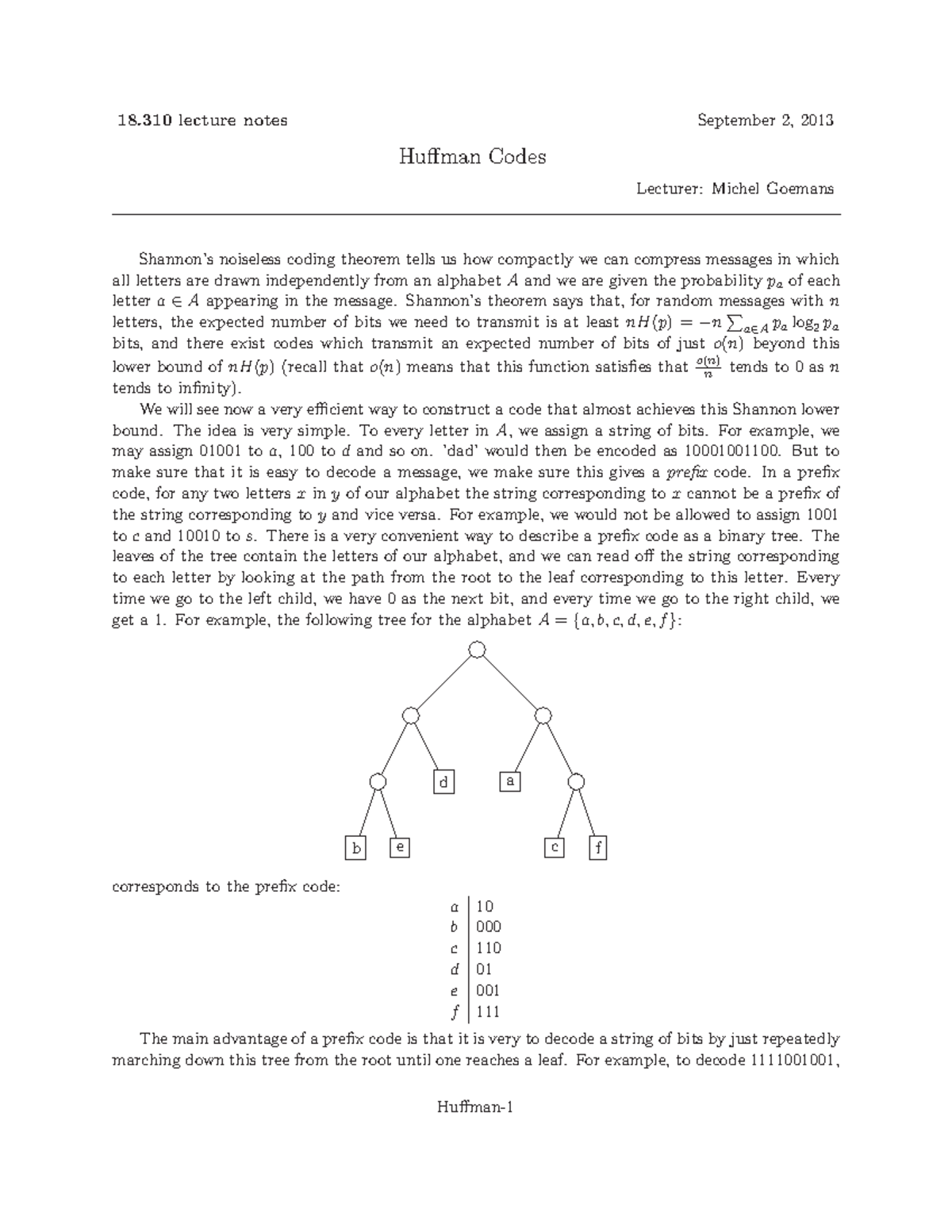 Huffman Codes - 18 lecture notes September 2, 2013 Huffman Codes ...