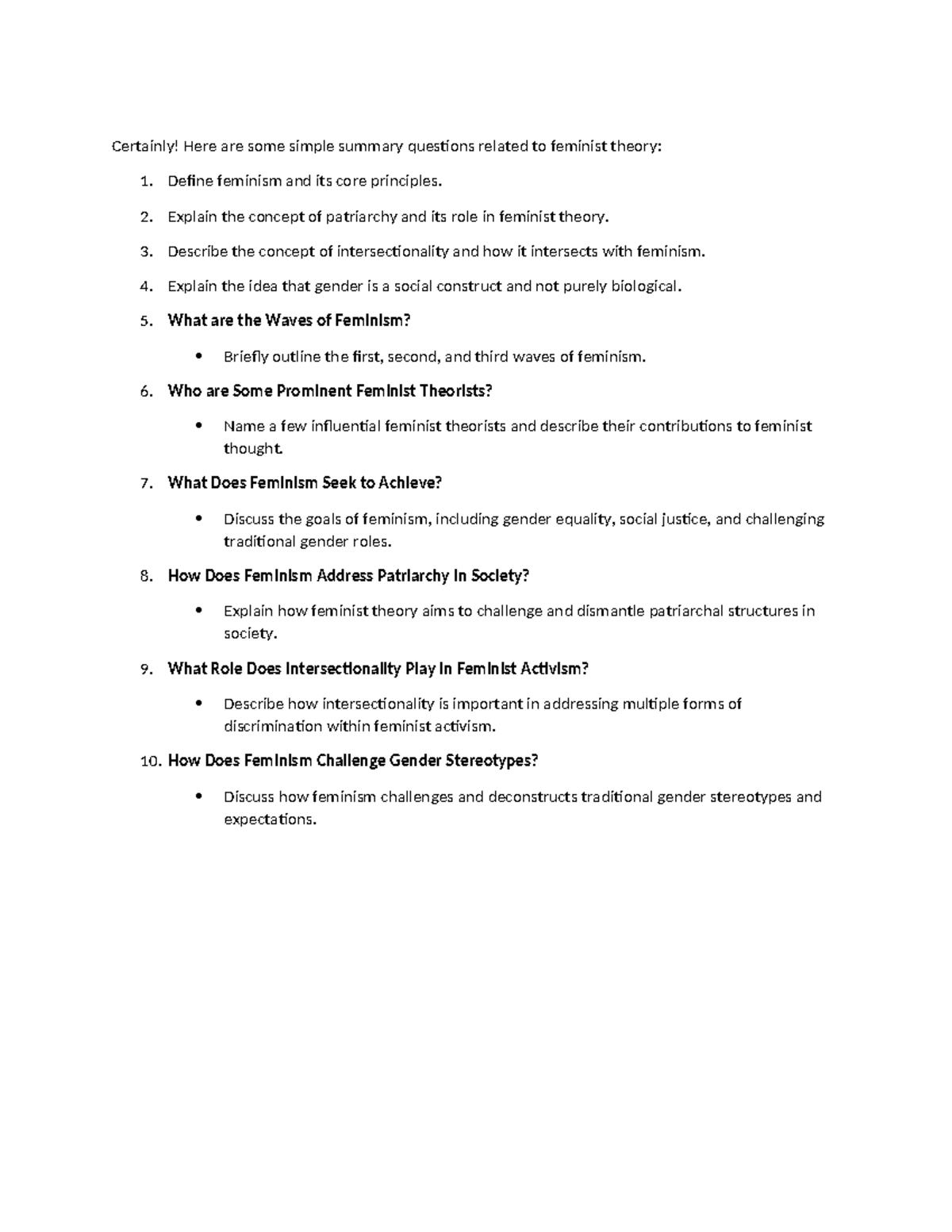 Feminism summary questions - Certainly! Here are some simple summary ...