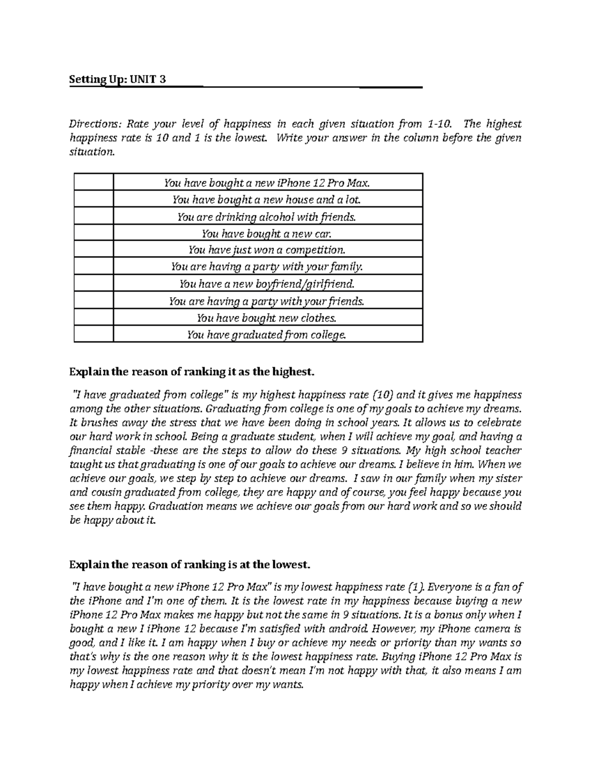 Ethics Activity 4 - Setting Up: UNIT 3 Directions: Rate your level of ...