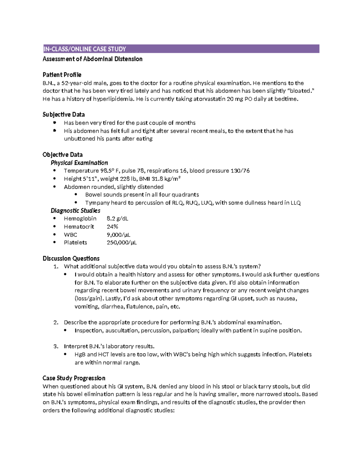 GI case study - IN-CLASS/ONLINE CASE STUDY Assessment of Abdominal ...