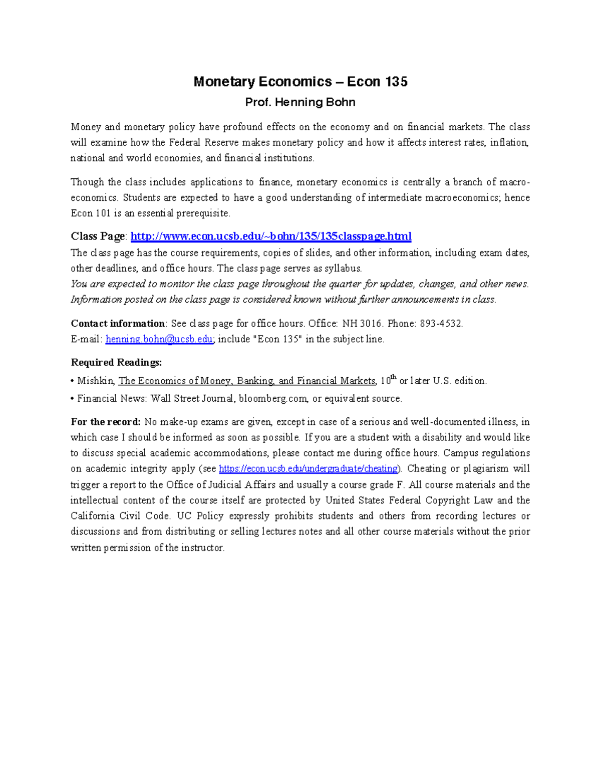 135handout - handout - Monetary Economics ñ Econ 135 Prof. Henning Bohn ...