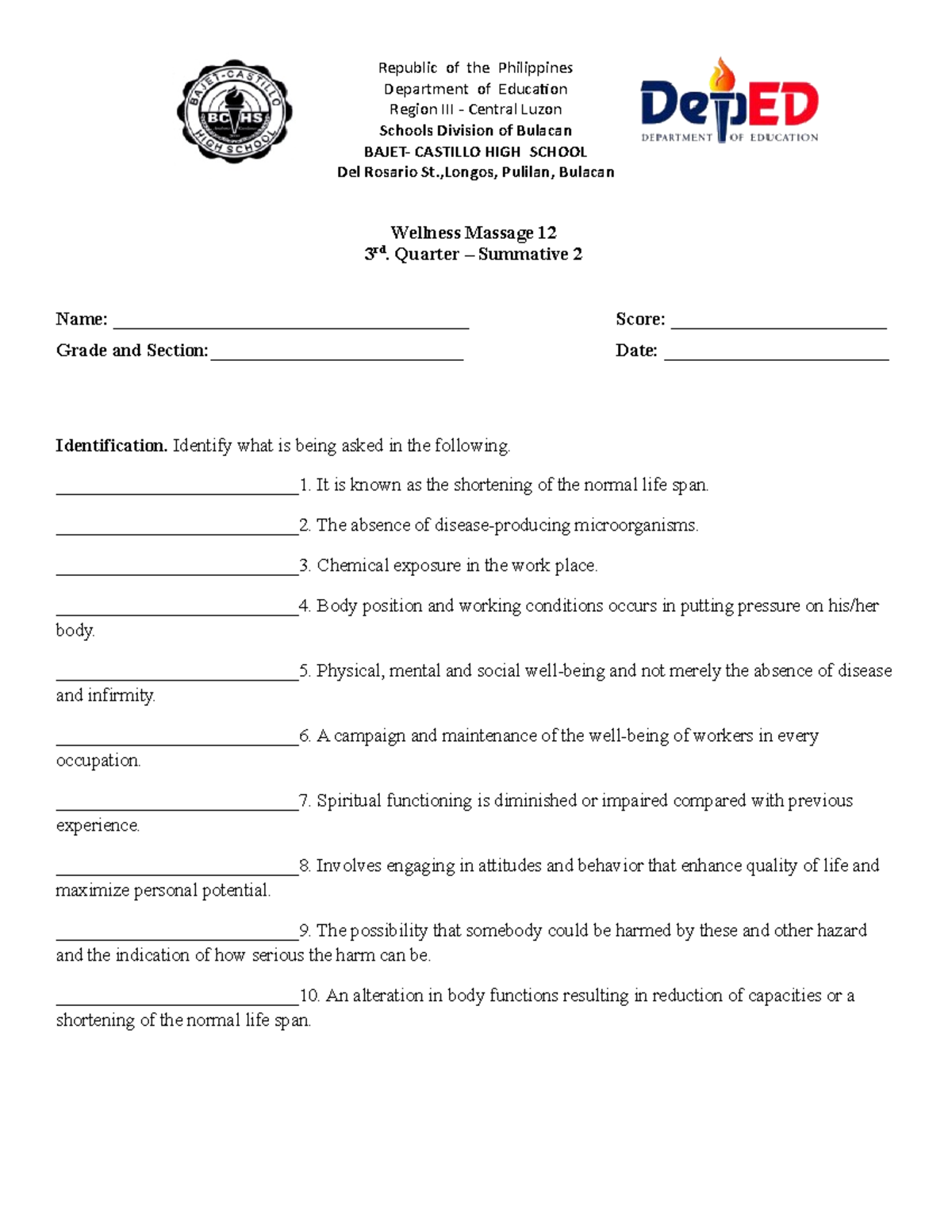 Wellness Massage Summative 2 - Republic of the Philippines Department ...