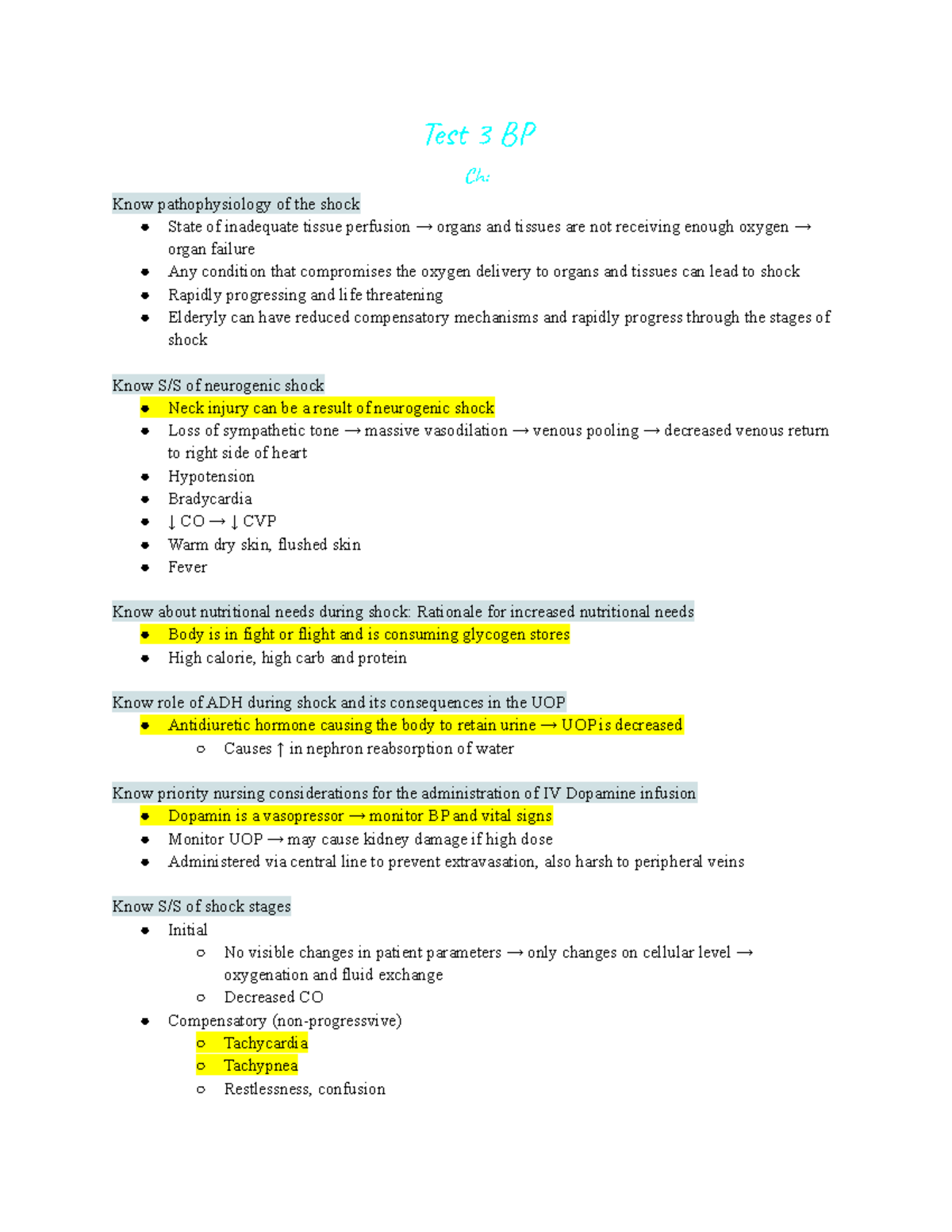 Test 3 BP - Study guide for test 3 - Tes 3 B Ch: Know pathophysiology ...