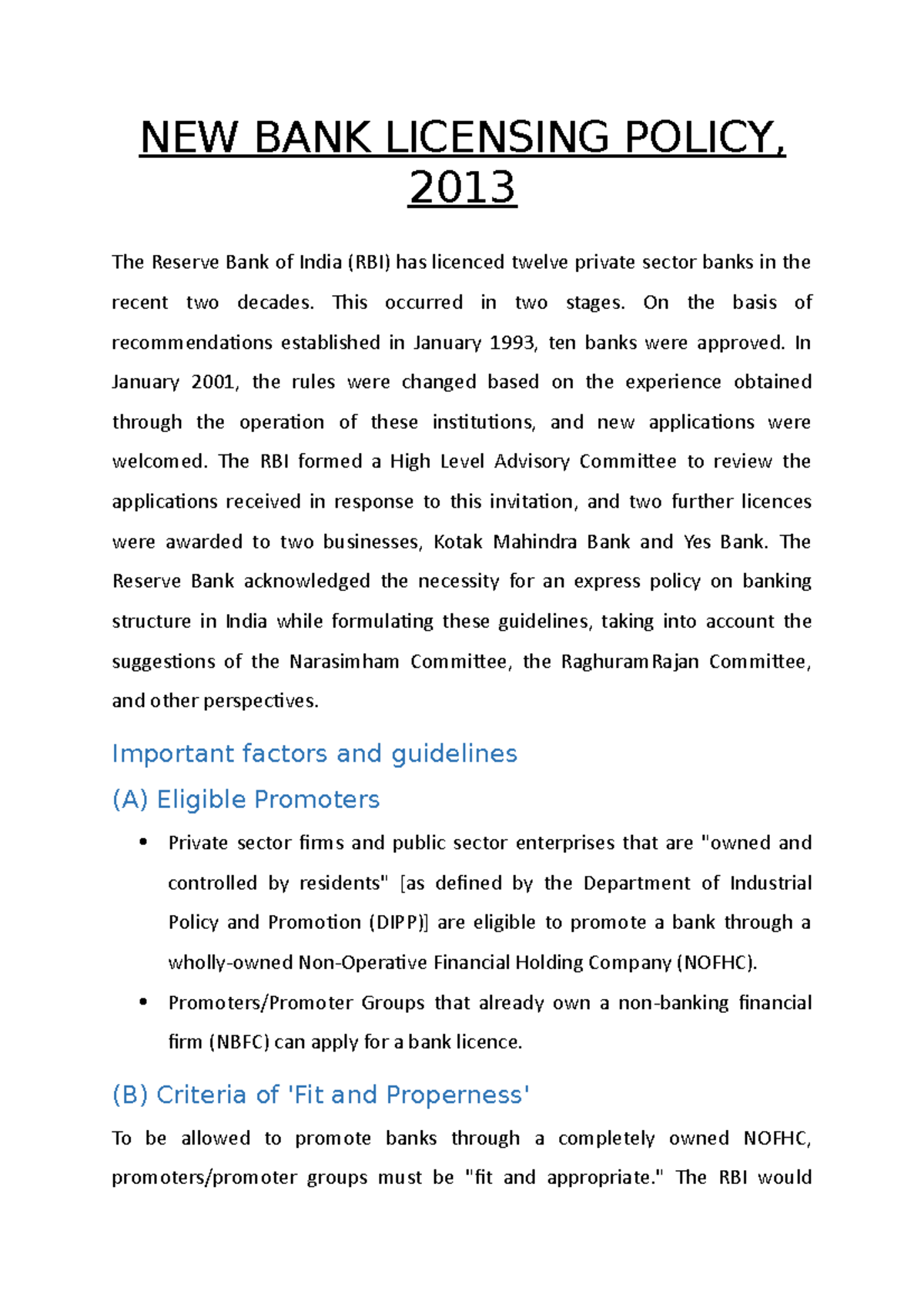 NOTE ON NEW BANK Licensing Policy - NEW BANK LICENSING POLICY, 2013 The ...