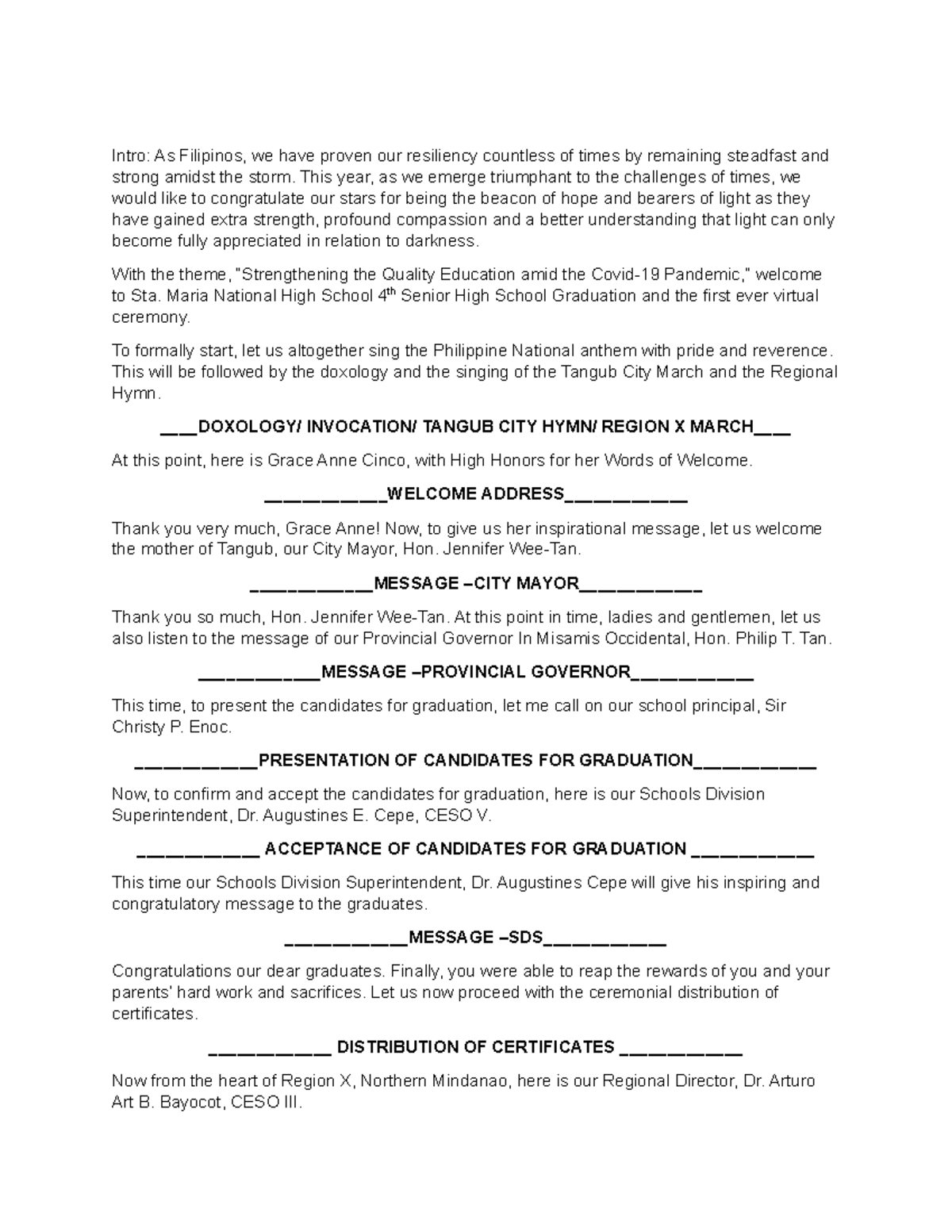 Virtual Grad Script SHS - Intro: As Filipinos, we have proven our resiliency countless of times ...