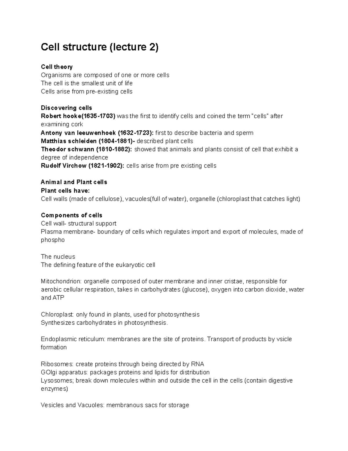 Lecture 2 notes - Cell structure (lecture 2) Cell theory Organisms are ...