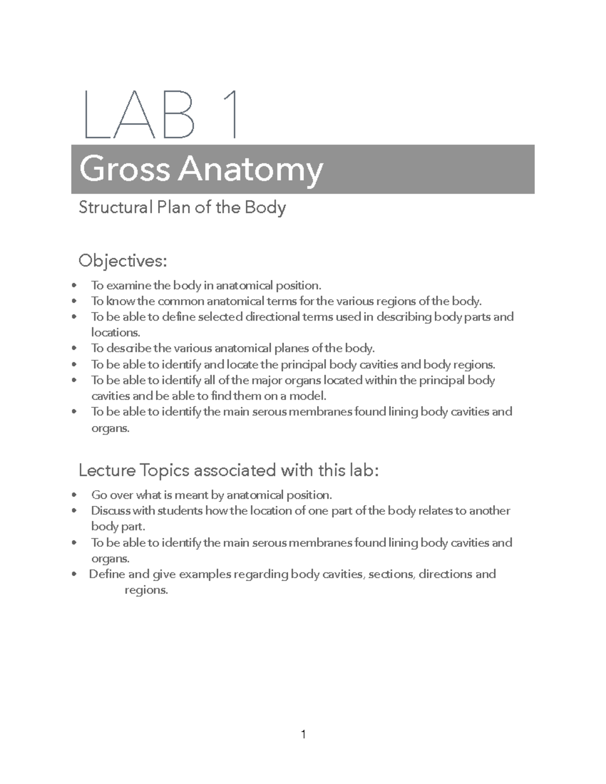 Lab Manual Lab 1 - Structural Plan of the Body - LAB 1 Gross Anatomy ...